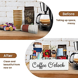 QUALLON Coffee Station Organizer with Small Removable Dividers, Wooden Coffee Bar Accessories Storage For Countertop, Farmhouse Kcup Coffee Pod Holder Basket With Handle For Coffee Lover - white