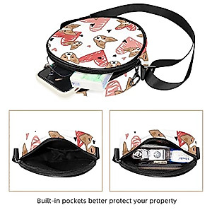 Dog and Heart Pattern Crossbody Bag for Women Teen Girls Round Canvas Shoulder Bag Purse Tote Handbag Bag