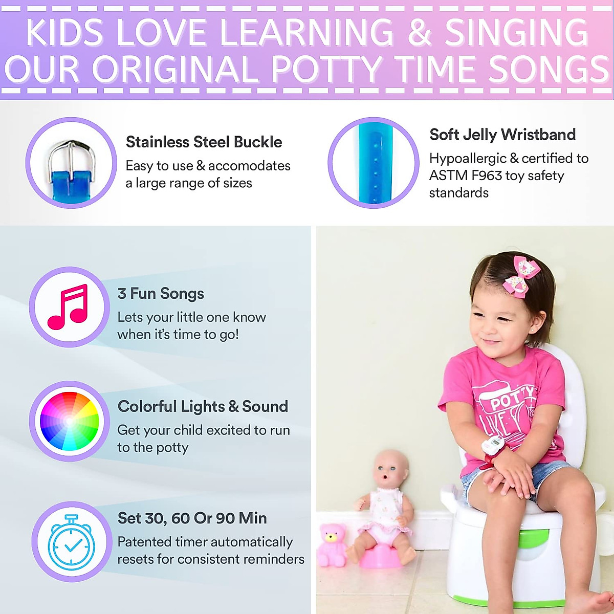 Potty Watch for Kids Potty Training - Potty Training Watch with 3 Fun Flashing Lights and Music - Water-Resistant Watch - Potty Watch Remind Kids Every 30, 60 or 90 Minutes - Purple