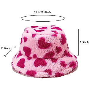 Winter Fluffy Fuzzy Bucket Hat Plush Furry Faux Fur Fisherman Hats Warm Hat for Women (Pink Heart)