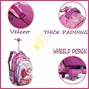 ZBAOGTW Rolling Backpack for Girls,Unicorn Rolling Backpack with Lunch Box and Pencil Bag, Adjustable Length Wheeled Backpack for School,Travel,Picnic