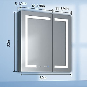 ExBrite LED Lighted Bathroom Medicine Cabinet with Mirror, 30 x 32 Inch, Recessed or Surface led Medicine Cabinet, Clock, Room Temp Display,Defog,Stepless Dimming,3-Color Temper Change, Outlets & USBs
