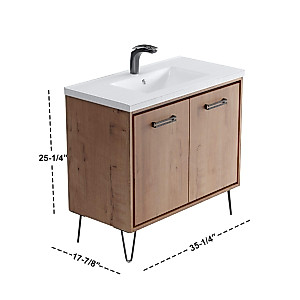 Dowell 36" Single Bathroom Vanity Set - White Ceramic Bowl with Wood Vanity - Perfect Storage Cabinet Combination - Two Doors with Handles and Two Shelves | Tan-Wood Grain