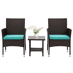 PayLessHere Set of 3 Outdoor Furniture Set Patio Furniture Set Brown Conversation Set with 2 Rattan Chairs Glass Coffee Table for Coffee Bar Poolside Patio Outdoor, Blue Cushions