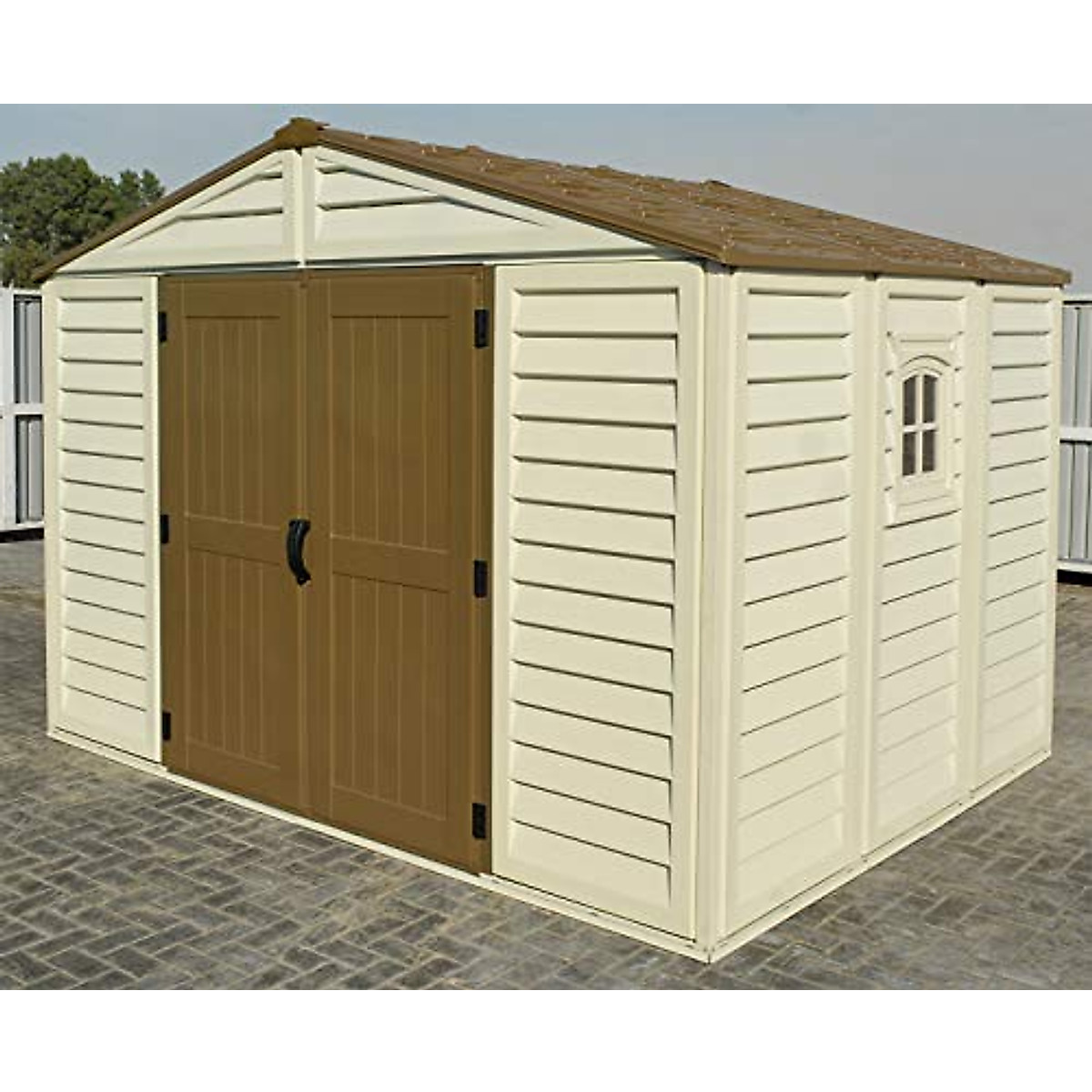 Duramax 0638801402145 Woodbridge Plus 10.5 x 8 Plastic Garden Shed with Foundation Kit & Fixed Window Brown-15 Years Warranty, 10x8, Brown & Ivory
