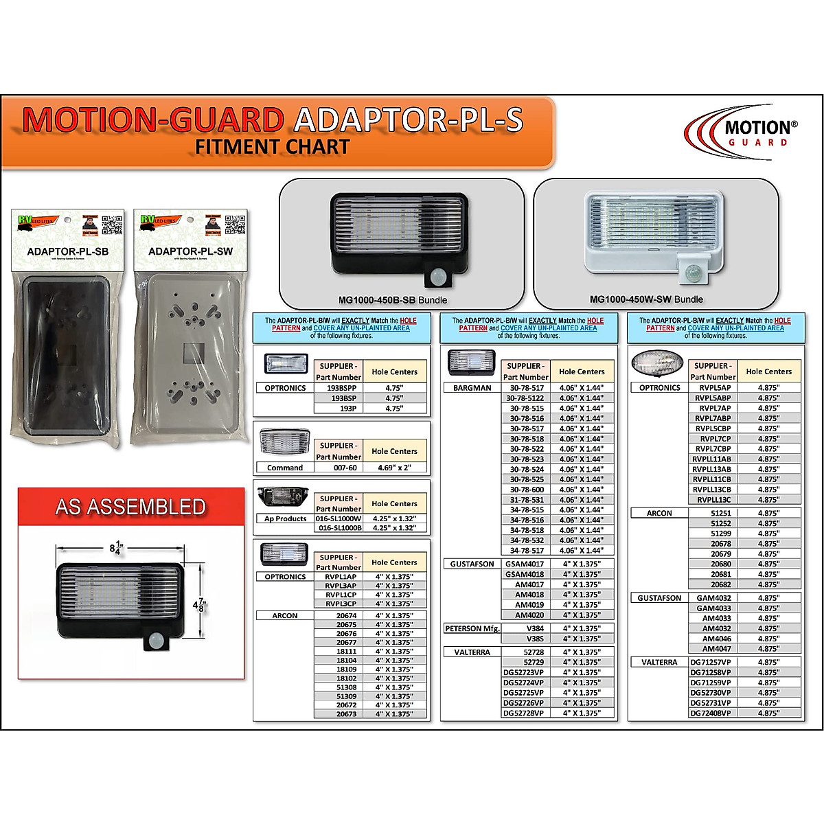 MOTION-GUARD, ADAPTOR-PL-SW will Allow the Mounting of the MG1000-450W or BG520W to the Side Wall of any RV without Drilling New Holes and will Cover any UN-Painted Area Left after Old fixture removal