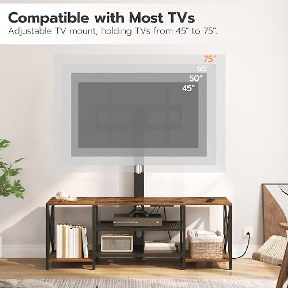 HOOBRO TV Stand with Mount and Power Outlet 55.1", Entertainment Center with Swivel TV Mount for TVs Up to 75", TV Stand Mount with Storage Shelves for Living Room, Bedroom, Rustic Brown BF146UDS01