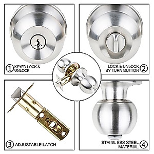 GSCZ Door Knob with Key for Bedroom Door Locks with Keys, Stainless Steel Doorknob with Lock and Key, Ball Door Handle with Key Doorknob with Lock and Key