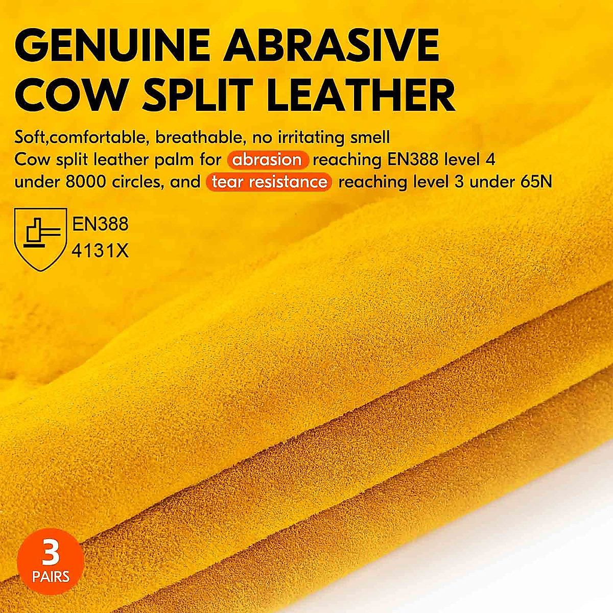 Vgo... 3-Pairs Unlined Cowhide Split Leather Work and Driver Gloves, for Heavy Duty, Truck Driving, Warehouse, Gardening, Farm (Size L, Gold, CB9501)
