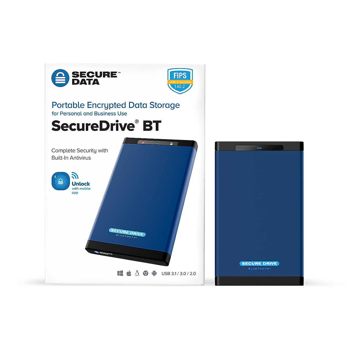 SecureData SecureDrive BT 2TB SSD Hardware Encrypted USB 3.0 Ext Drive FIPS 140-2 Level 3 Unlock via Phone app TAA Compliant, CJIS, HIPAA, CMMC, GDPR Compliant, Works with Mac and Win Free AV