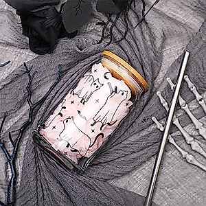 Nefelibata Halloween Ghost Cat Iced Coffee Cup 16 OZ Beer Can Glass Glass with Lid Metal Straw and Brush, Reusable Drinking Jar for Coffee Tea Soda Juice Fall Halloween Christmas Gift Ideas Set of 1
