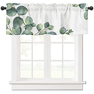 YOKOU Curtain Valance, Natural Green Leaves Watercolor Eucalyptus Leaf White Short Rod Pocket Window Treatment for Living Room, Bedroom, Kitchen, Bathroom, 1 Panel, 54" W x 18" L