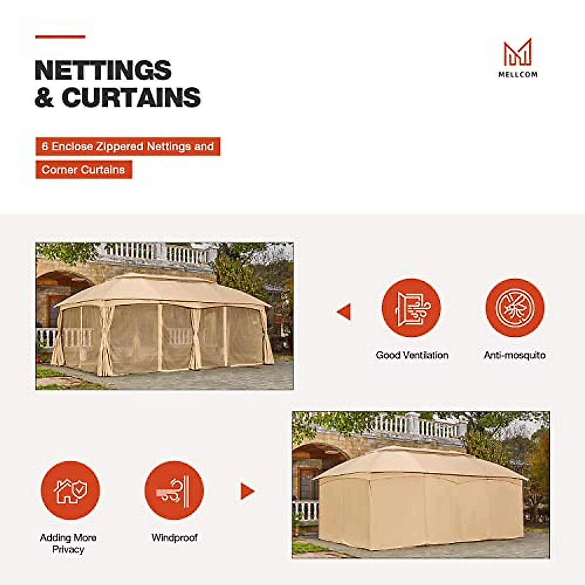 MELLCOM 12x20 Patio Gazebo, Double Soft-Roof Gazebo Tent with Curtains and Netting, Patio Canopy for Outdoor Event, Patio, Lawn & Garden, Beige