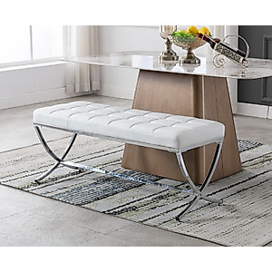Shunzhi Modern Entryway Bench Modern Faux Leather Dining Bench Upholstered End of Bed Bench Button Tufted Ottoman Stool Bench Waiting Room Bench with Metal Legs for Living Room/Bedroom, White