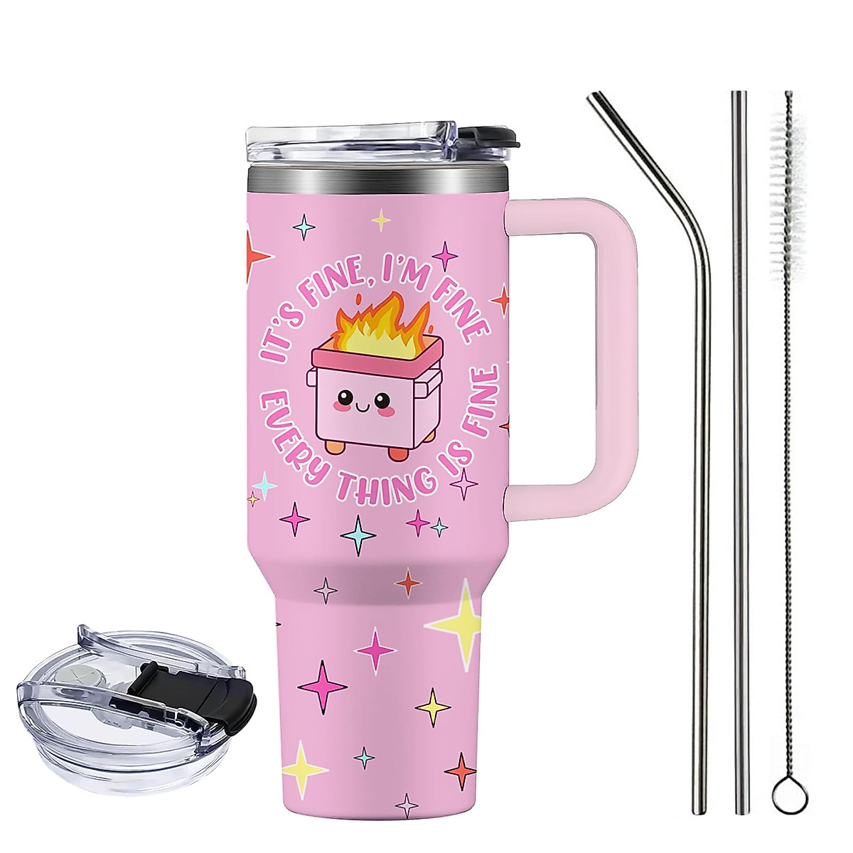 NIAXAUYT Funny Gifts for Women, 40oz Dumpster Tumbler with Handle, Pink Office Desk Accessories, Birthday Christmas Gifts for Coworkers Friends, It's Fine Everything Is Fine Mug