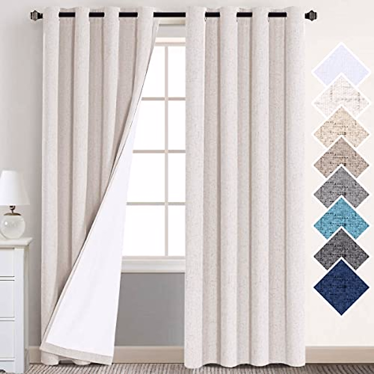 Flamingo P 100% Blackout Curtains Textured Linen Curtains for Bedroom Energy Saving Window Treatment Grommet Burlap Curtain Drapes Thermal Insulated White Liner, 2 Panels, 52 x 108 Inch, Ivory