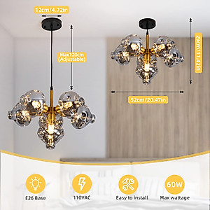 KELUOLY 6-Light Glass Chandelier, Mid Century Globe Black and Gold Hanging Ceiling Light, Smoke Grey Vintage Hanging Pendant Light for Bedroom Dining Room Kitchen Farmhouse Living Room