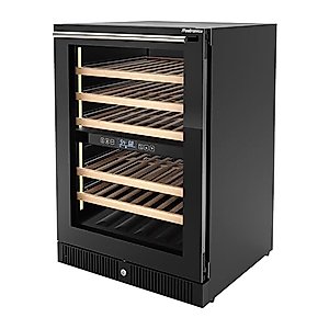 Frostronics 24 Inch Dual Zone Wine Refrigerator, 51 Bottles Under Counter Built-In or Freestanding Wine Cellar, Wine Cooler with Quiet Compressor Cooling and Reversible Glass Door, Fits Large Bottle