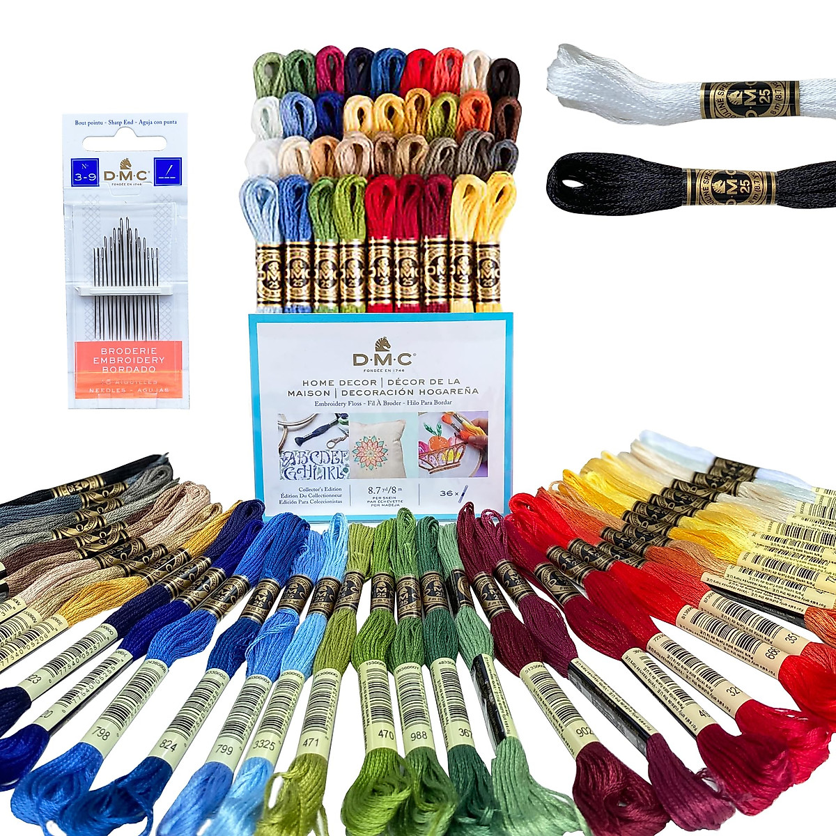 DMC Home Decor Embroidery Floss Set, Assortment Pack of 36 Cotton Thread Kit Bundle with Hand Embroidery Needle Size 3/9 and Threads of DMC Black/White.Cross Stitch String, Yarn Supplies