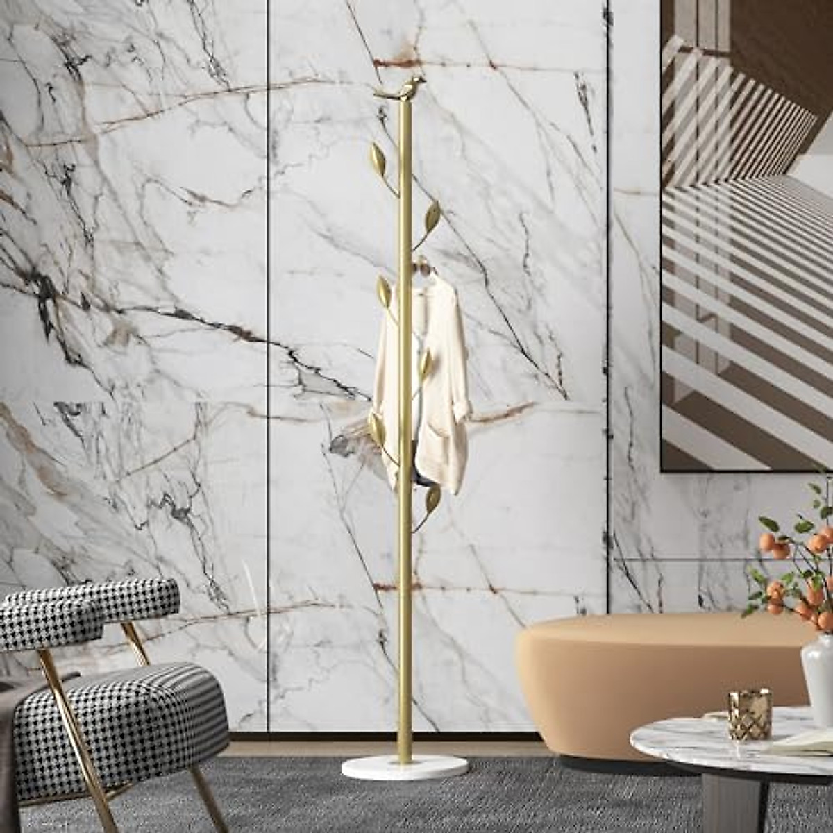 Julenshion Metal Coat Rack Freestanding Coat Tree Clothes Stand with 6 Hooks,Top with Bird, Marble Base for Coats Hats Bags Purses Entryway Hallway Bedroom(Gold