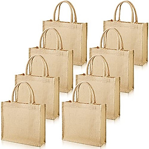 Shappy 8 Pack Burlap Tote Bags with Handles, Jute Grocery Bags with Laminated Interior for Wedding (12.2 x 11 x 4.7 Inch)
