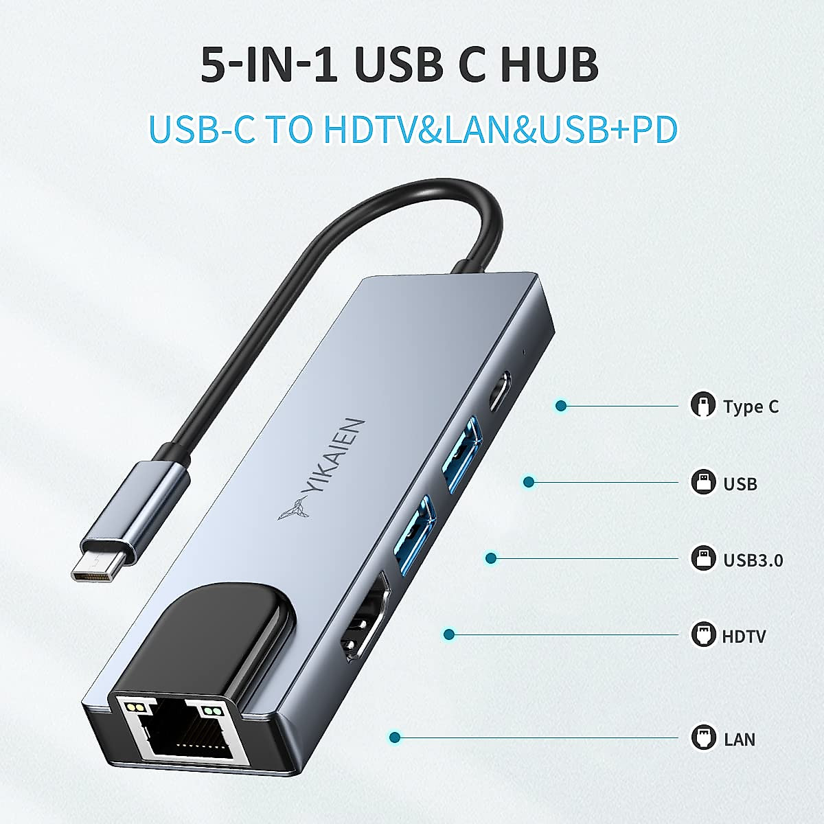 USB C Hub,YIKAIEN 5 Ports USB Type C to Ethernet HDMI USB 3.0 Type C Port Hub Adapter Compatible with MacBook Pro Air iMac Samsung Galaxy Note LG Chromebook Pixelbook Dell XPS Oculus Rift