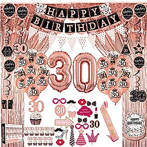 30th birthday decorations for her - (76pack) rose gold party Banner, Pennant, Hanging Swirl, birthday Balloons, Foil Backdrops, cupcake Topper, plates, Photo Props, Birthday Sash for women gift