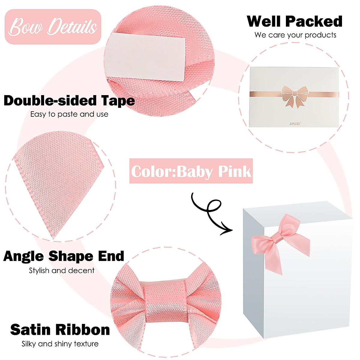AIMUDI Baby Pink Satin Ribbon Bows 2" Self Adhesive Satin Bows for Gift Wrapping Premade Ribbon Bows with Double-Sided Tape for Making Crafts Baby Shower Birthday Party Wedding Decorations, 50 PCs