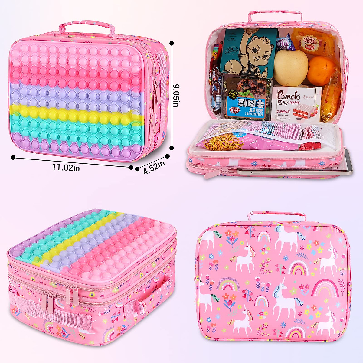 MOVCZON Rainbow Lunch Box for Girls Kids Lunch Bag Set School Supplies for Kids Insulated Lunch Tote Bag- Picnic Leakproof Cooling Lunch Containers with Adjustable Shoulder Strap Back to School