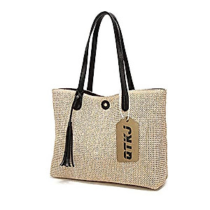 QTKJ Women Straw Summer Beach Bag Handwoven Big Tote Leather Shoulder Handbag with Tassel Decorate (Black)