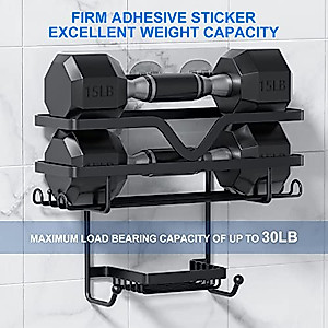 Gaseawolf Adhesive Shower Caddy, 2 Pack Shower Shelf with Soap Holder and Hooks, No Drilling Matte Black Bathroom Shower Organizer for Bathroom, Restroom, Shower Room, Toilet, Kitchen