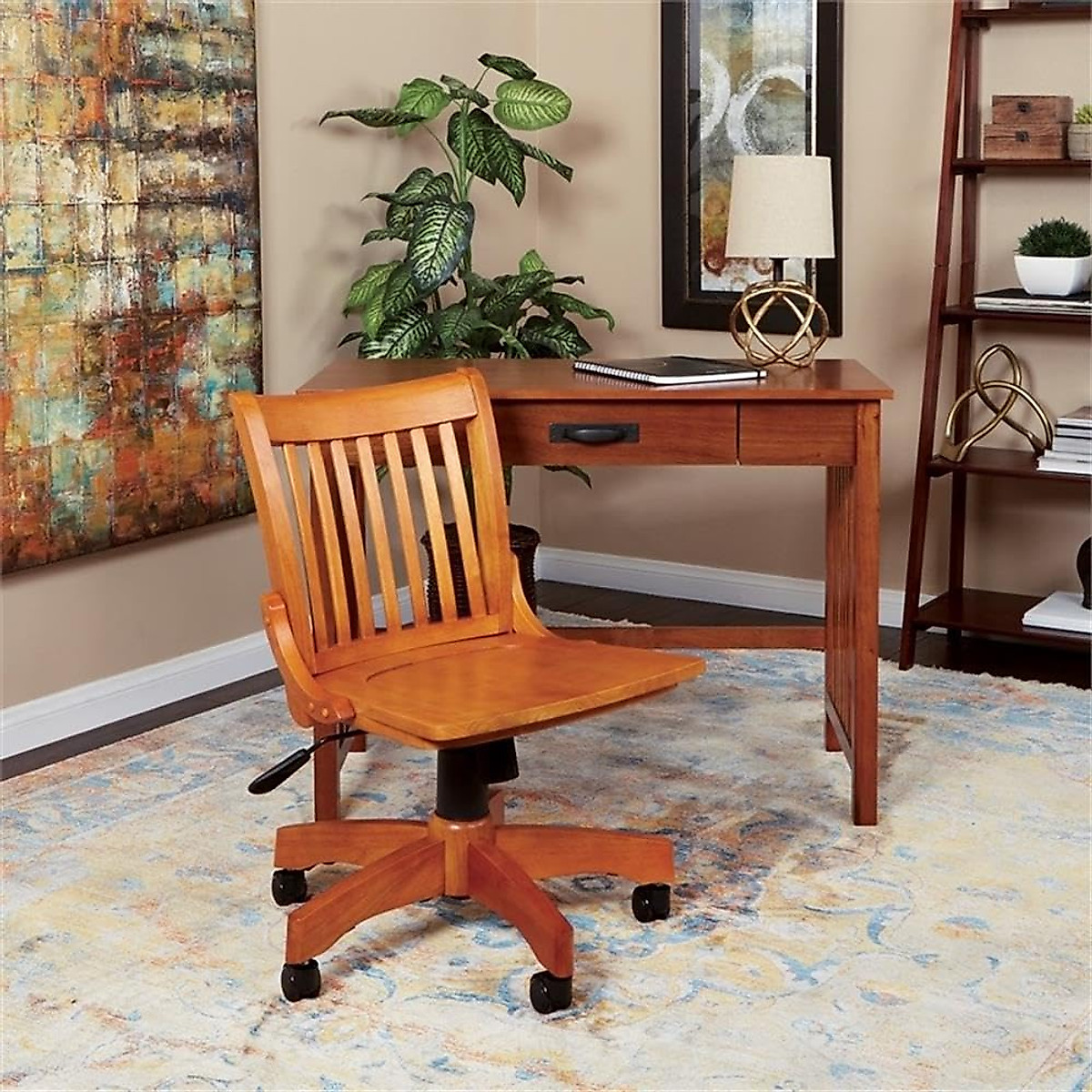 BOWERY HILL Traditional Solid Wood Armless Office Chair in Medium Brown