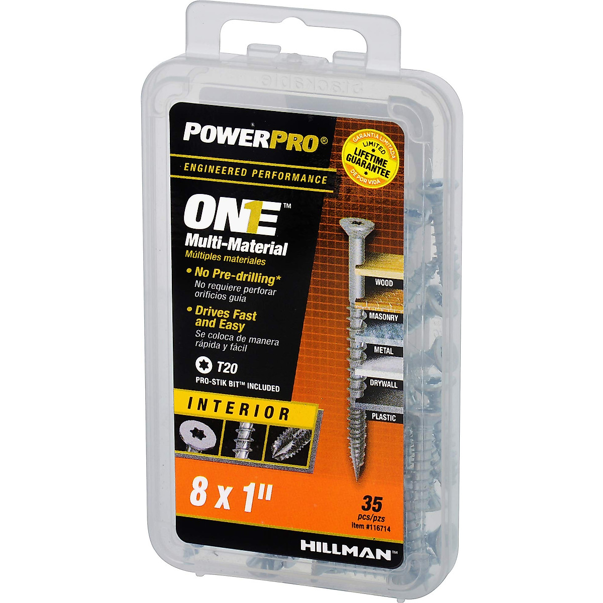 Power Pro Premium One Multi-Material Flat Head Screws, Zinc Plated Steel, Fasten in Wood, Metal, Concrete, Drywall and Plastic, Silver, #8 x 1 inch, Box of 35 Screws