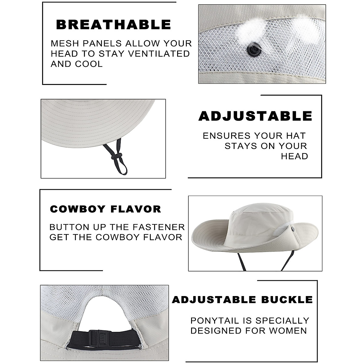 Womens Summer Sun Hat Outdoor UV Protection Foldable Wide Brim Bucket Ponytail Hats Beach Safari Fishing Cap Pure Beige