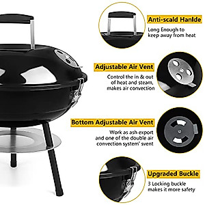 14inches Portable Outdoor Charcoal Grill Set of 9, Leonyo Small BBQ Charcoal Grill, Tabletop Mini Grill for Camping, Barbecue Grill Cooking Kit with Extra Grill Grate, Cleaning Bricks, Grill Trays