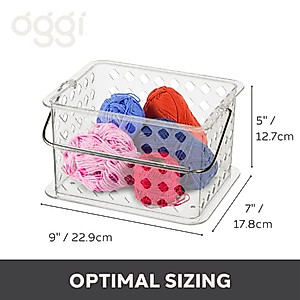 OGGI Clear Stacking Storage Basket with Handle - Plastic Caddy with Handle, Ideal Kitchen Undershelf Basket, Bathroom Storage Bin, Beauty Product Organizer, Cleaning Basket, Makeup Caddy, Size 9x7x5"