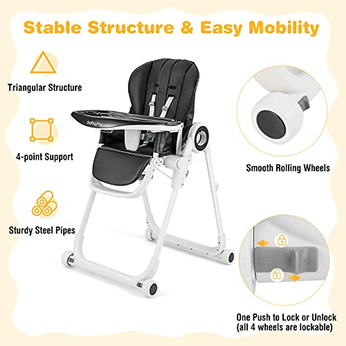 BABY JOY High Chair for Babies & Toddlers, Foldable Highchair with Adjustable Backrest/Footrest/Seat Height, Double Removable Trays, Detachable Seat Cushion, 4 Lockable Wheels (Black)