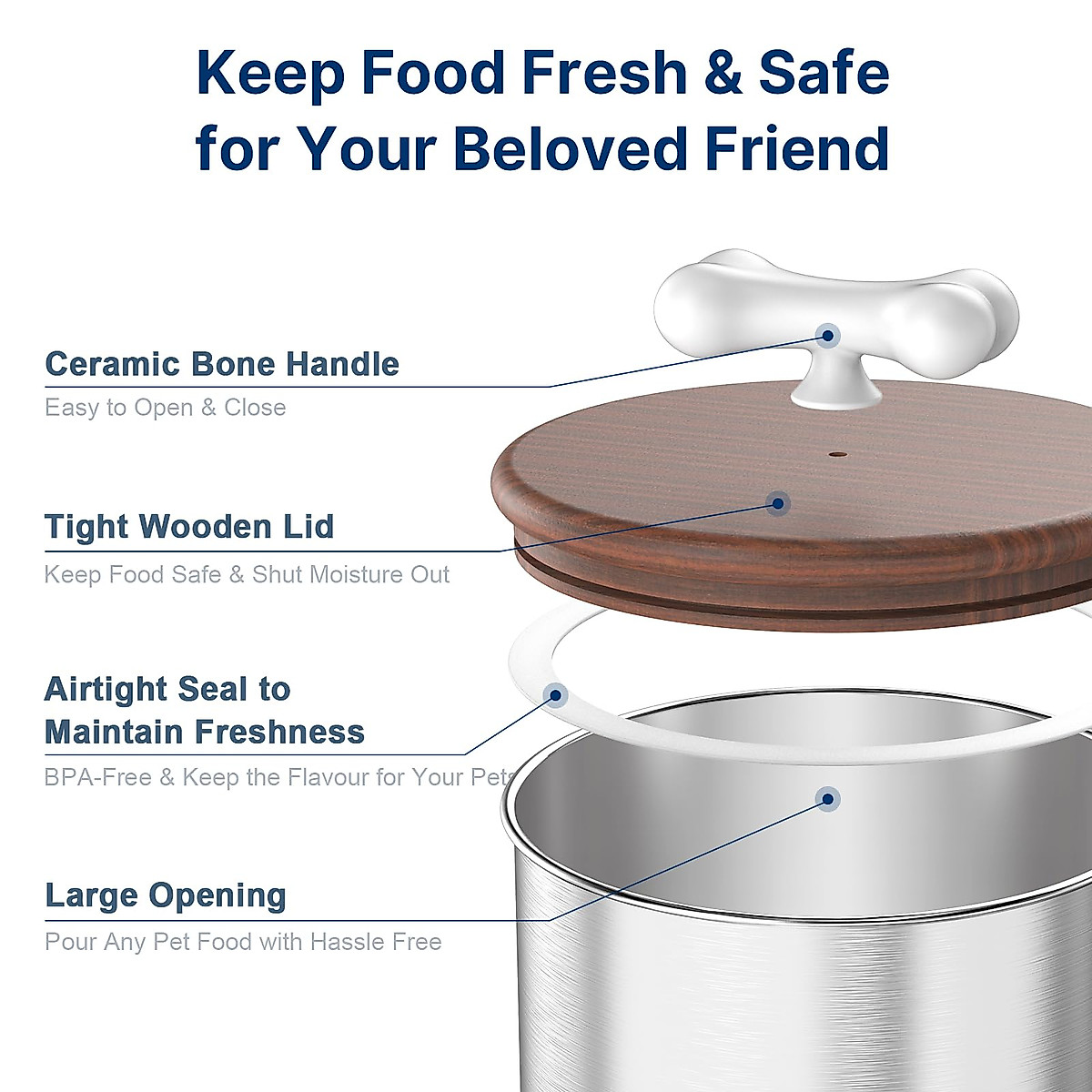 17 oz/6 cups+31 oz/10 cups 2PK Stainless Steel Dog Treat Container Airtight with Wooden Lid to Keep Fresh, Metal Dog Food Storage Container with Ceramic Bone Handle, Easy Clean Dog Treat Jar Bin