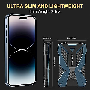 Poaivel Men's Minimalist Credit Card Holder, Metal Money Clip Wallet with Clear ID Badge Holder, Carbon Fiber Wallet, Ultra-Thin Tactical Wallet, Holds 16 Cards Plus Cash (Navy Blue)