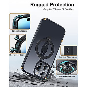 EWA Designed for iPhone 14 Pro Max Case (6.7 Inch) Compatible with MagSafe, MagOne Case with Stand, Ring Holder Strap Grip, Shockproof Protection (Matt Black)