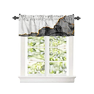 Yun Nist Window Valance Curtain Marble Black Gray White Color Contrast Gold Edge Valances for Kitchen Windows,Modern Abstract Rod Pocket Short Curtains for Bedroom,Bathroom,Living Room 42x12in