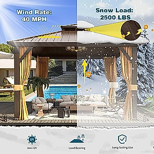 MELLCOM 12'x12' Hardtop Gazebo, Galvanized Steel Metal Double Roof Aluminum Gazebo with Curtain and Netting, Permanent Pavilion Gazebo for Patio, Lawn and Garden