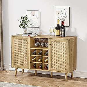 Giluta Rattan Wine Bar Cabinet 2-Door Farmhouse Liquor Cabinet with Wine Rack and Glass Holder, Rustic Oak Sideboard Buffet Storage, Modern Wooden Coffee Bar Cabinet for Living Dining Room Kitchen