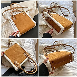 Mudono Handbags for Women Small Suede Tote Bag Square Crossbody Shoulder Purse with Faux Shearling Trim and Detachable Strap