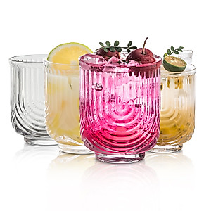KEMORELA Drinking Glasses Art Deco Cocktail Glasses Set of 4 Glass Cups, Arch Design Glassware, Trendy Ripple Glass, Beverages Ice Coffee Cup, Ideal for Whiskey, Beer, Juice, Water (4Pcs 12Oz)