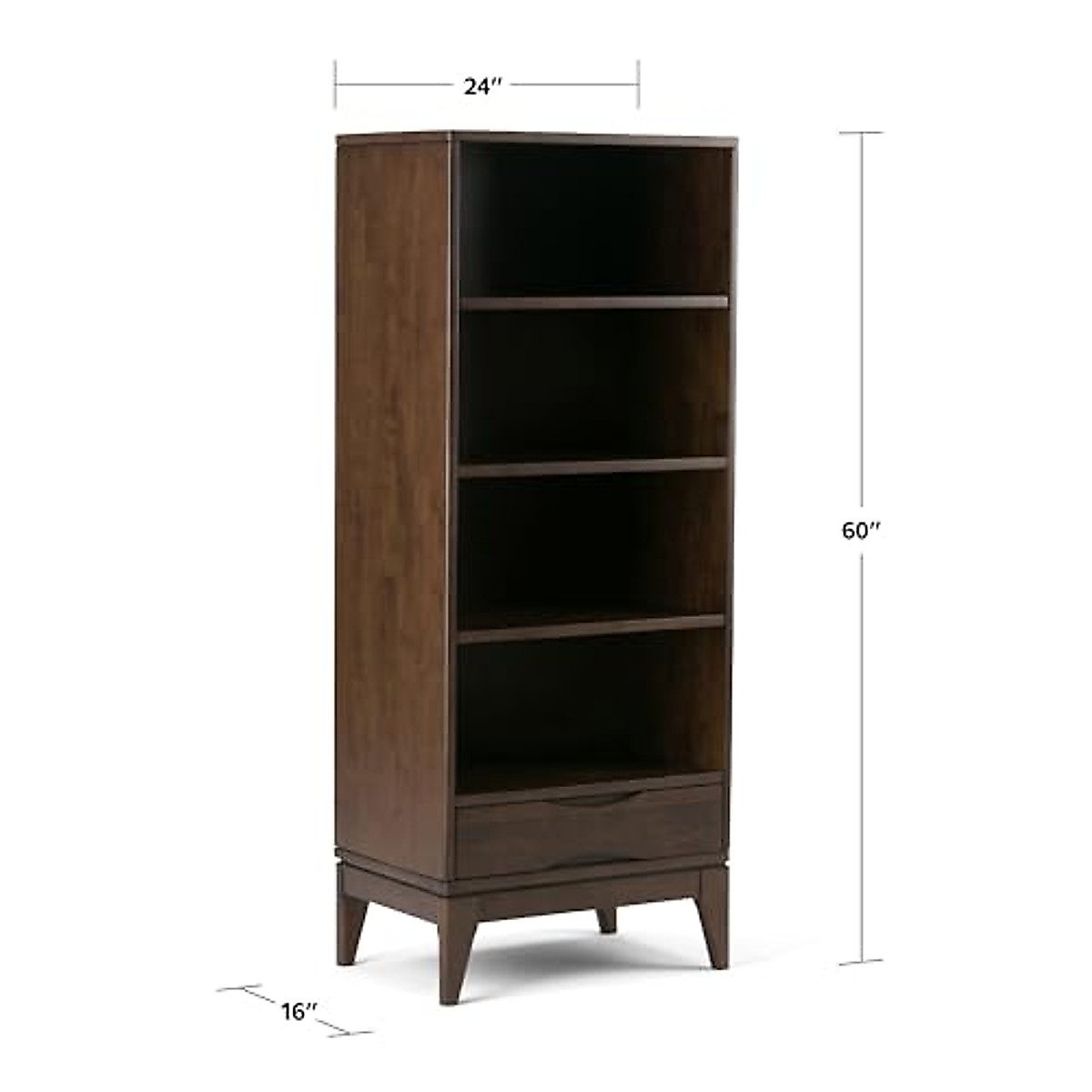 SIMPLIHOME Harper SOLID HARDWOOD 24 Inch Mid Century Modern Bookcase with Storage in Walnut Brown, For the Living Room, Study Room and Office