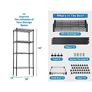 4-Tier Metal Wire Shelving Unit Kitchen Shelf Organizer Height Adjustable Storage Rack Utility Shelf Snack Shelf, NSF Certified Storage Shelves for Laundry Bathroom Kitchen Pantry Organization