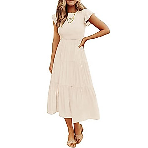 ZESICA Women's 2023 Summer Casual Flutter Short Sleeve Crew Neck Smocked Elastic Waist Tiered Midi Dress,Apricot,Large