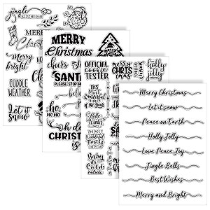 Whaline 4 Sheet Christmas Words Clear Stamps Greeting Words Santa Xmas Tree Pattern Silicone Transparent Stamps Border Stamp Cards for DIY Craft Card Making Scrapbooking Embossing Album Decor