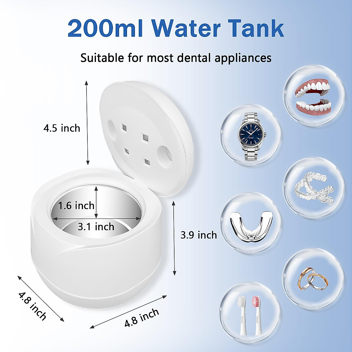 Ultrasonic Retainer Cleaner Machine - 45kHz Deep Cleaning for Dentures, Aligners, Mouth Guards, Whitening Trays, Toothbrush Heads, and Braces 200ML Portable Ultrasonic UV Retainer Cleaner for Dentures